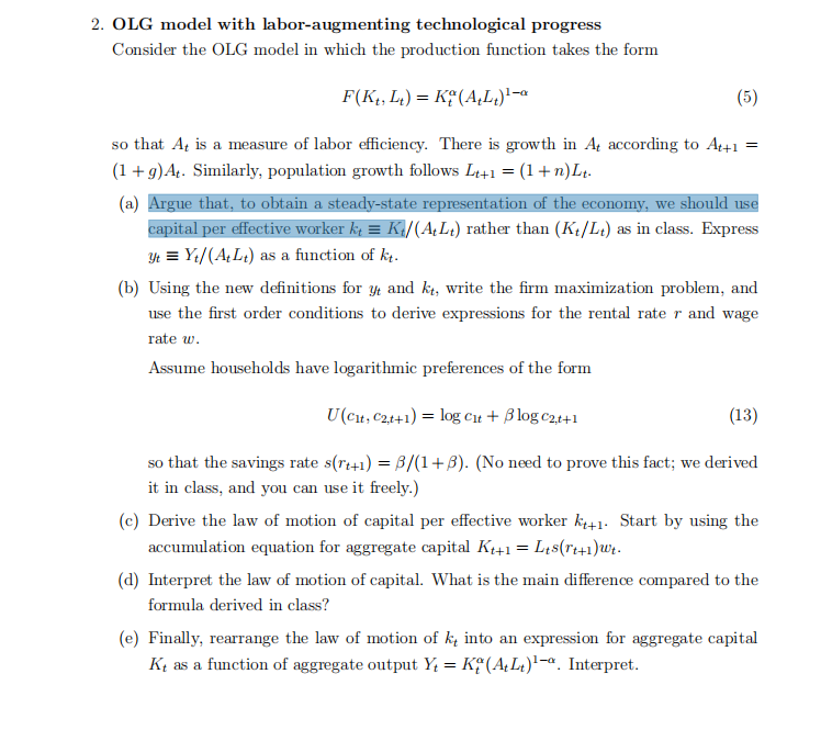 2. OLG model with labor-augmenting technological | Chegg.com