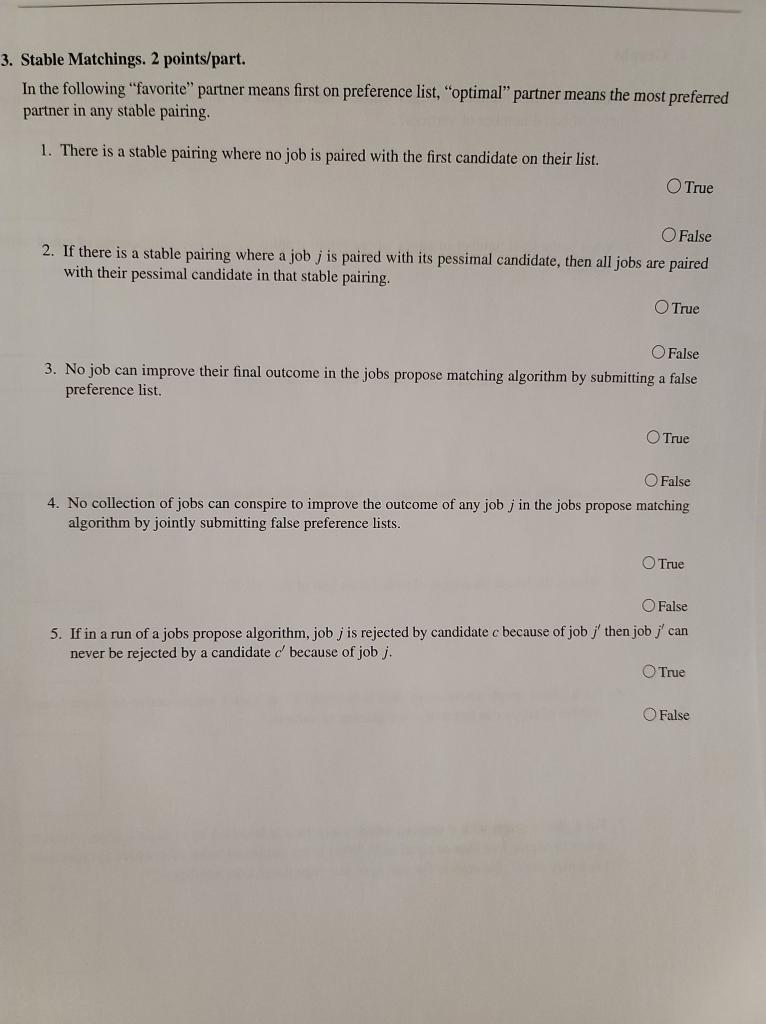 Solved 3. Stable Matchings. 2 points/part. In the following | Chegg.com