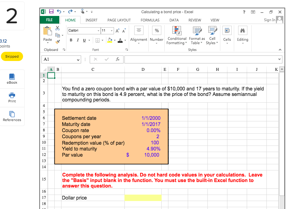 Solved x 5 ? x H FILE Calculating a bond price - Excel | Chegg.com