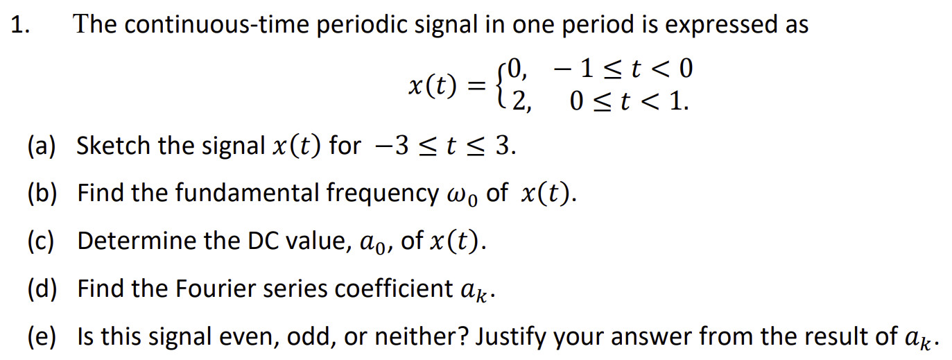 Solved 1. The continuous-time periodic signal in one period | Chegg.com