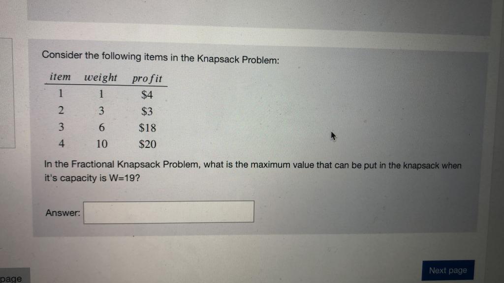 Solved Consider the following items in the knapsack Problem: | Chegg.com