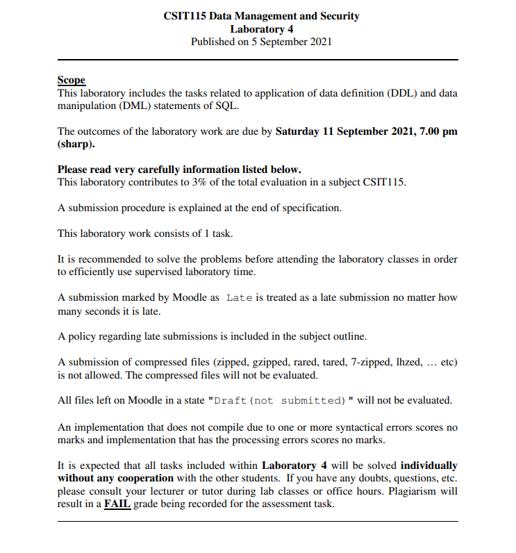 CSIT115 Data Management and Security Laboratory 4 | Chegg.com