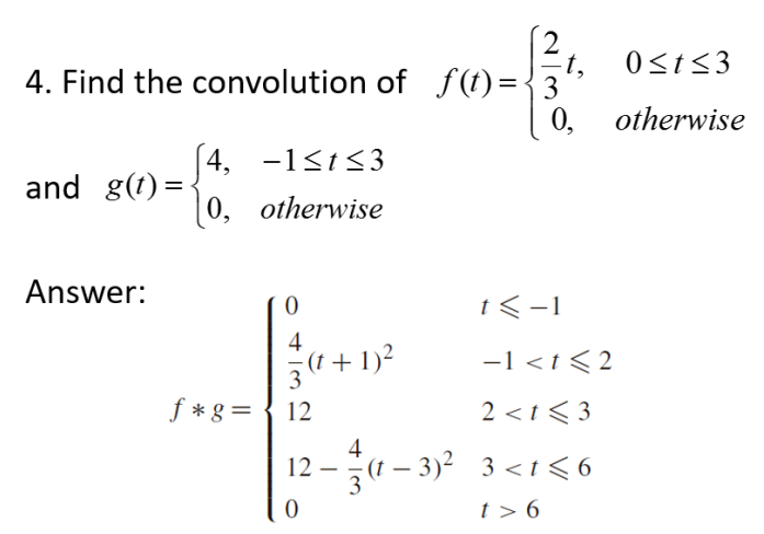 Solved 4. Find the convolution of f(t)={32t,0,0≤t≤3 | Chegg.com