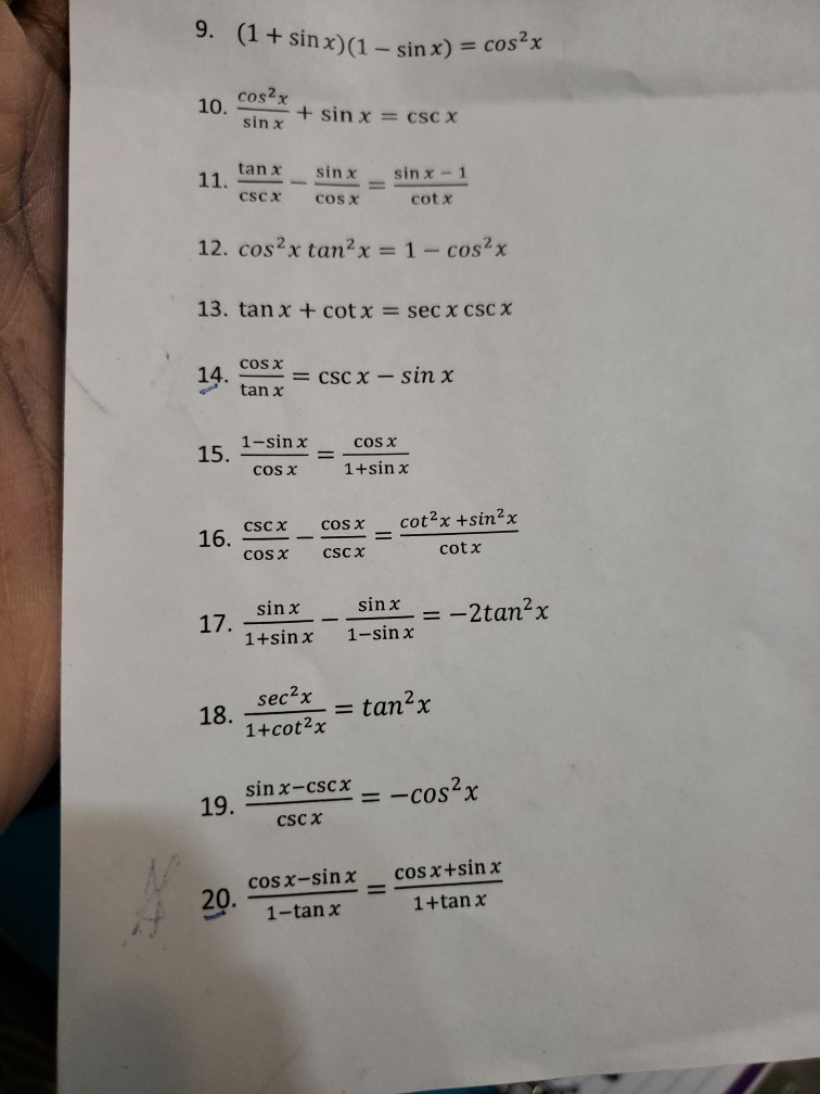Solved 9. (1 + sin χ)(1-sin x) cos cos x 2 sin χ tanxsinx | Chegg.com