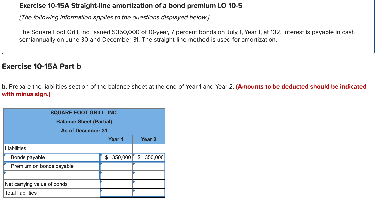 Solved Exercise 10-15A Straight-line amortization of a bond | Chegg.com