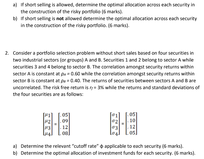 Solved 1. Consider a portfolio optimization problem without | Chegg.com