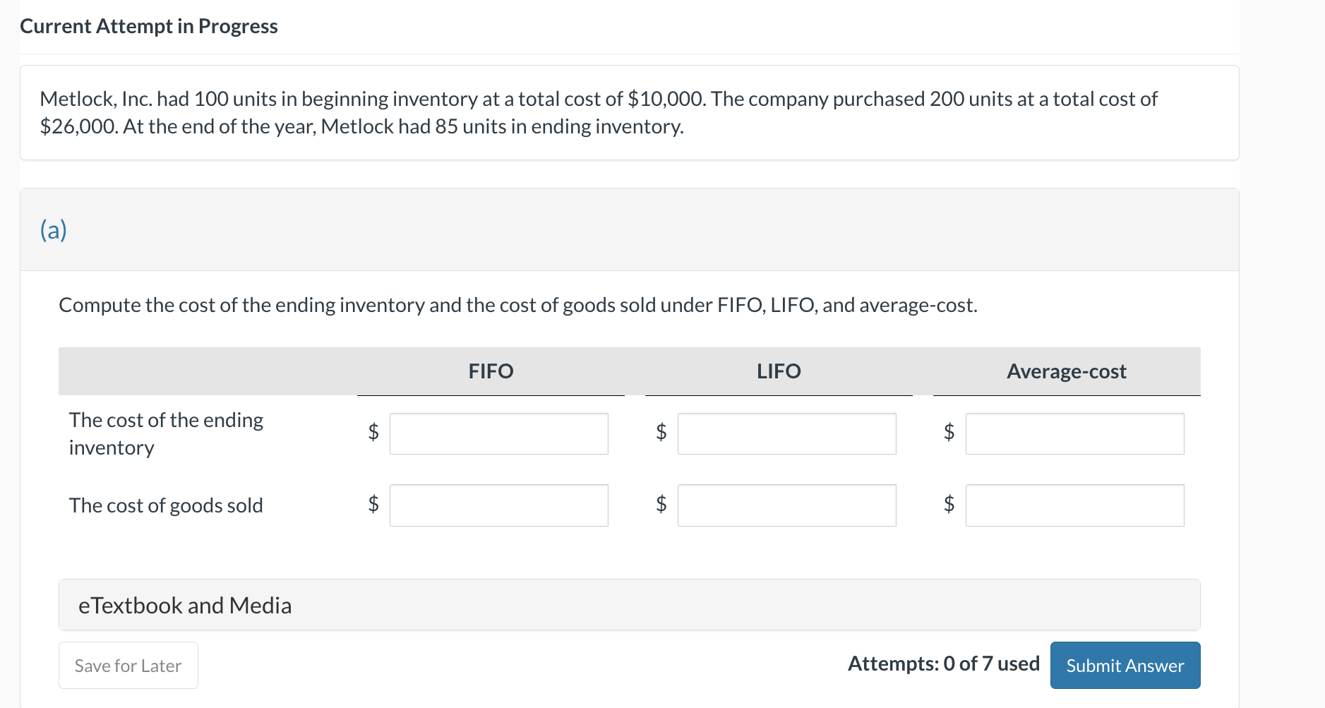 Solved Current Attempt in Progress Metlock, Inc. had 100 | Chegg.com