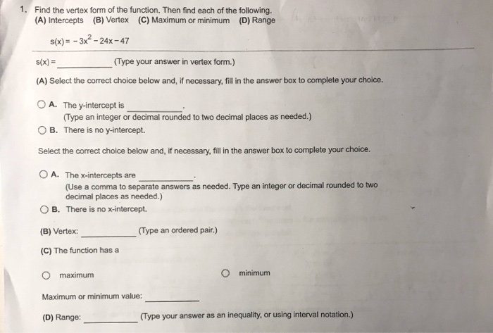 Solved 1. Find the vertex form of the function. Then find | Chegg.com