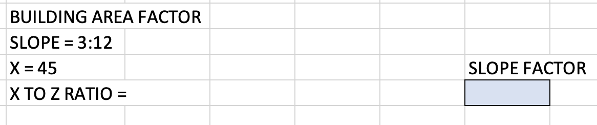 BUILDING AREA FACTOR SLOPE = 3:12 X = 45 X TO Z RATIO | Chegg.com