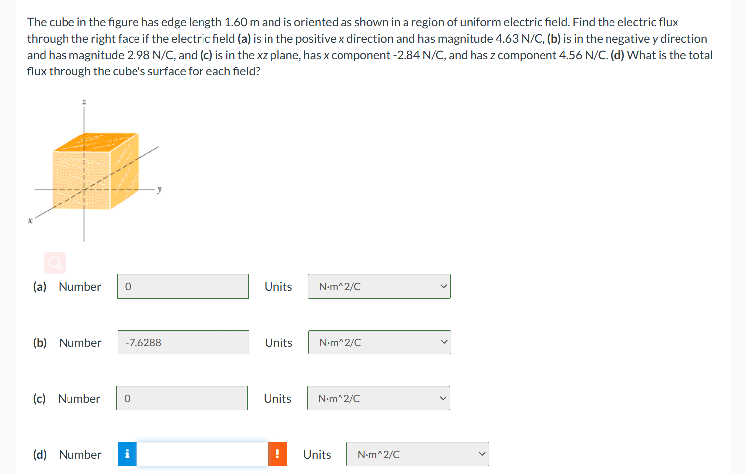 Solved The cube in the figure has edge length 1.60 m and is | Chegg.com