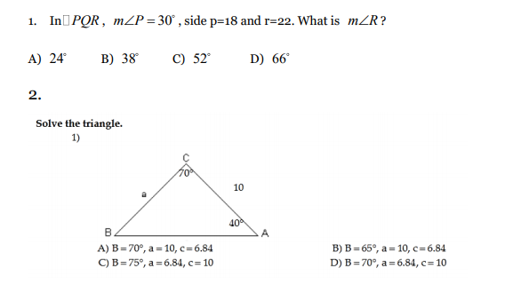 Solved 1. In PQR, mZP=30°, side p=18 and r=22. What is mZR? | Chegg.com