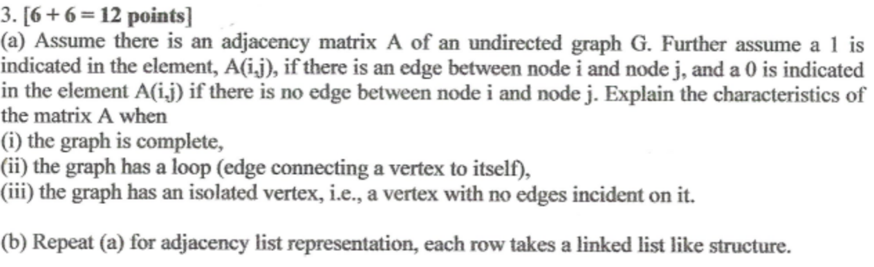 Solved 3. [6+6=12 points ] (a) Assume there is an adjacency | Chegg.com