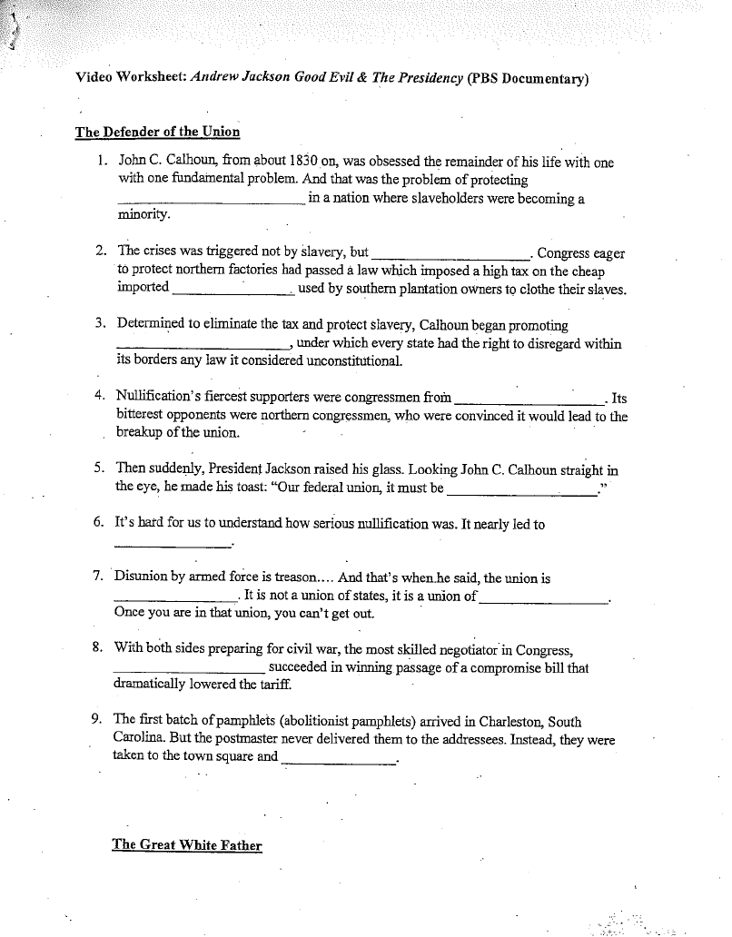 Video Worksheet: Andrew Jackson Good Evil & The | Chegg.com