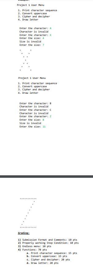 Solved Example: Project 1 User Menu 1. Print character | Chegg.com