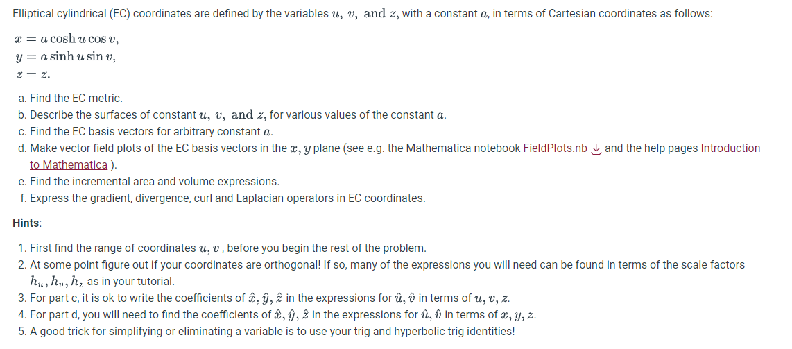 Solved Elliptical cylindrical (EC) coordinates are defined | Chegg.com