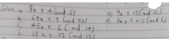 Solved Solve a) 8x≡4(mod6) b) 64x≡9lng6) (f, 3x+2≡11(rod6)( | Chegg.com