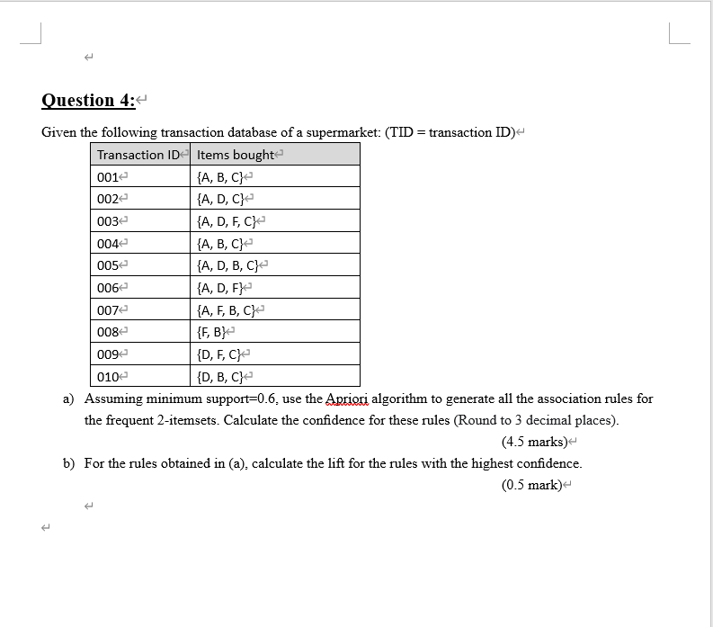 Solved Assuming minimum support=0.6, use the Apriori | Chegg.com