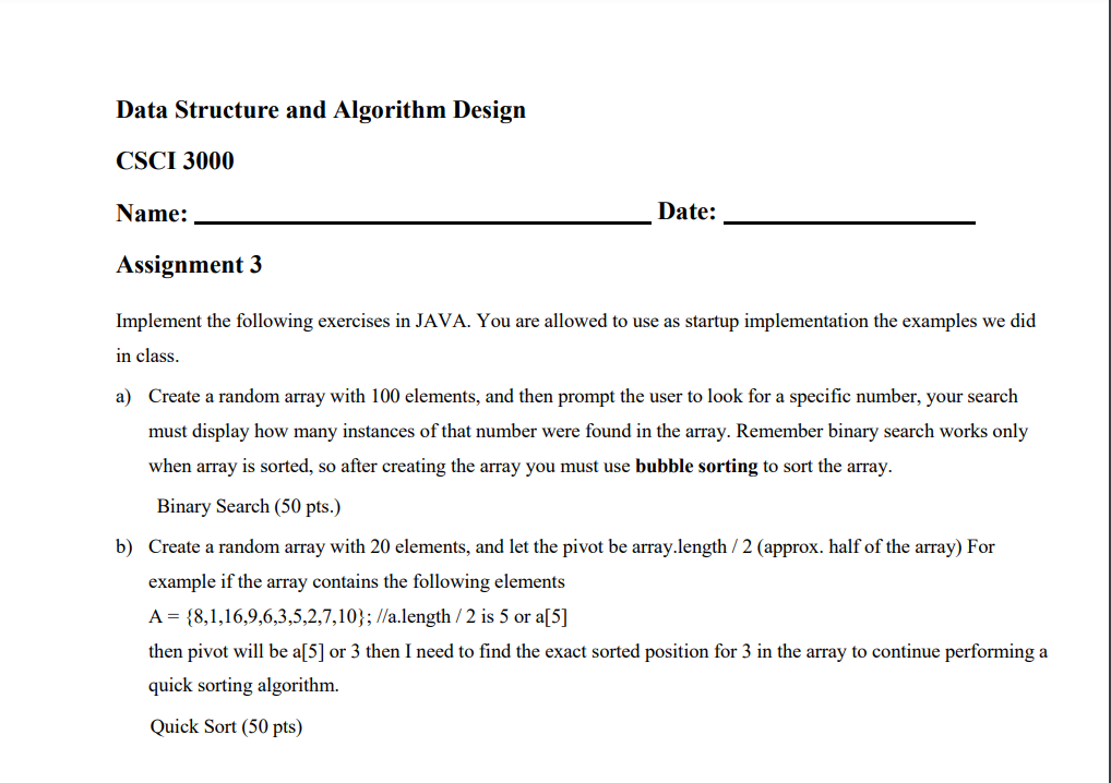 Solved Data Structure And Algorithm Design Csci 3000 Name 7022
