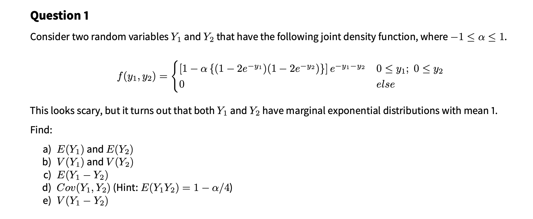 Solved Question 1 Consider two random variables Yį and Y2 | Chegg.com