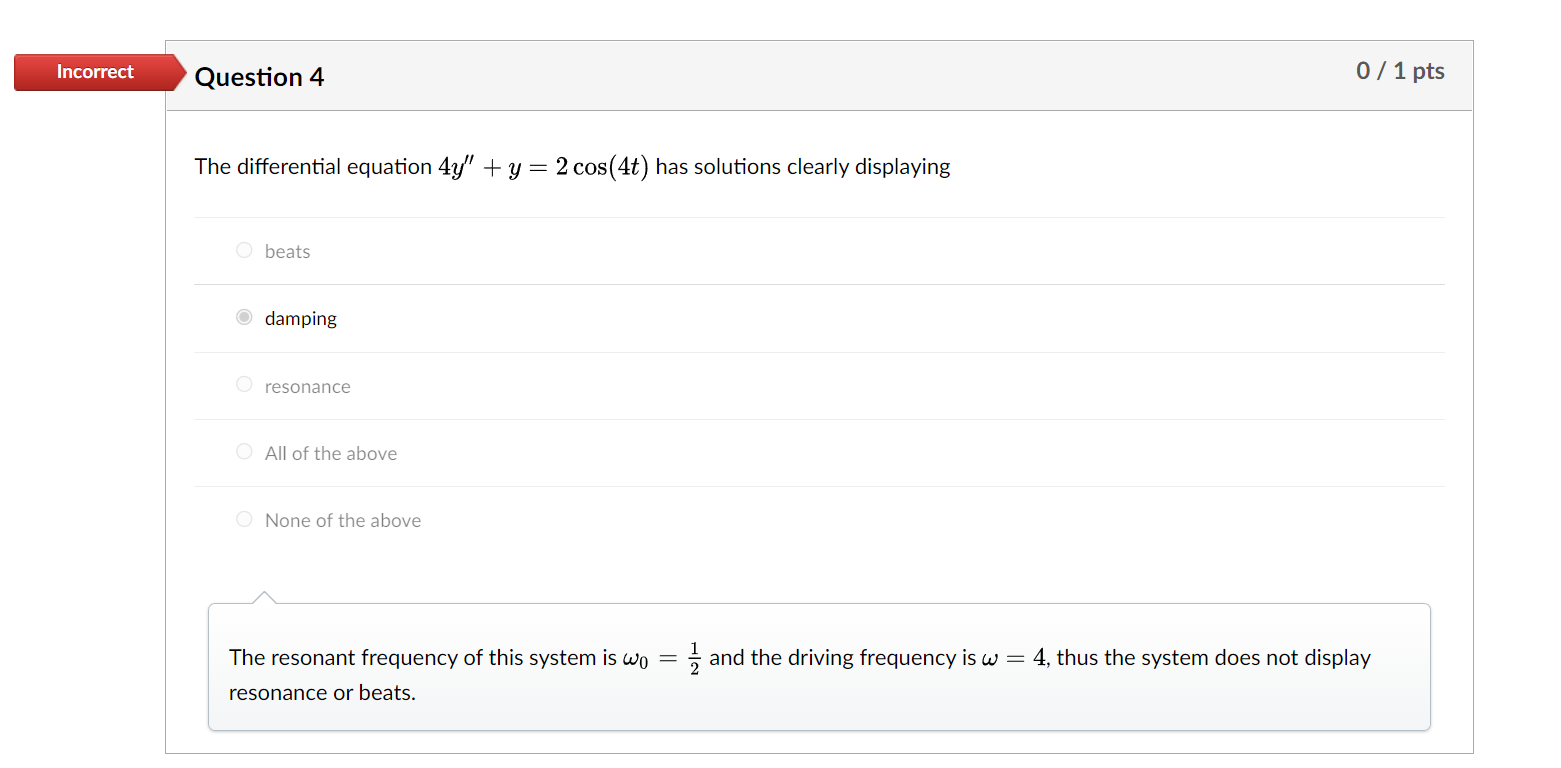 Solved The differential equation 4y′′+y=2cos(4t) has | Chegg.com