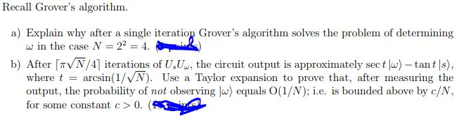 Recall Grover's algorithm. a) Explain why after a | Chegg.com