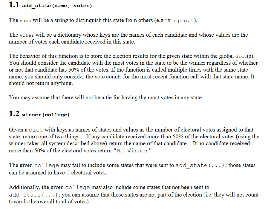 1.1 add_state (name, votes) The name will be a string | Chegg.com