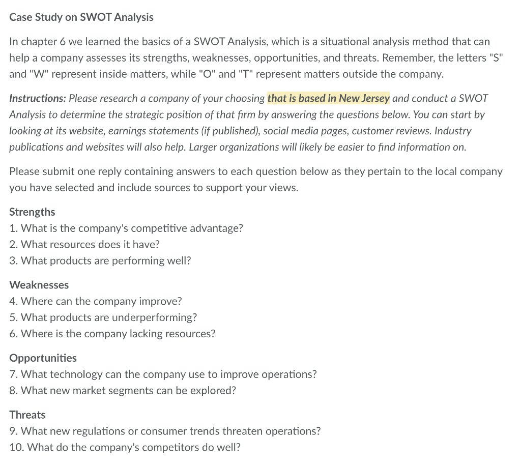 Case Study on SWOT Analysis In chapter 6 we learned | Chegg.com