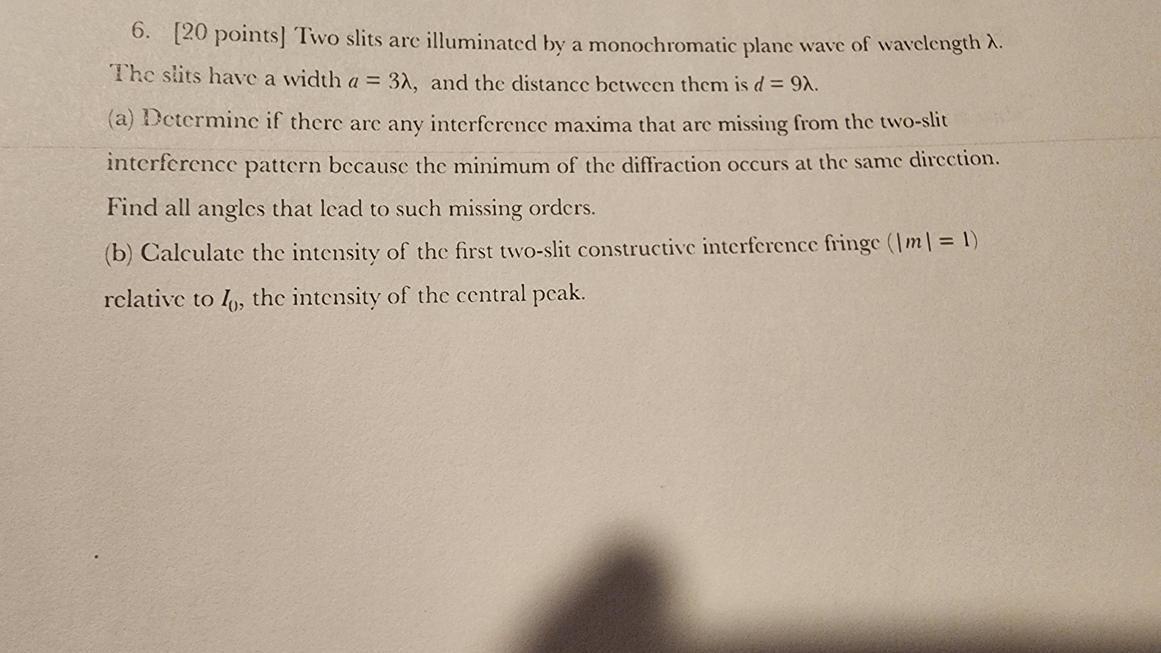 Solved [20 ﻿points] ﻿Two slits are illuminated by a | Chegg.com