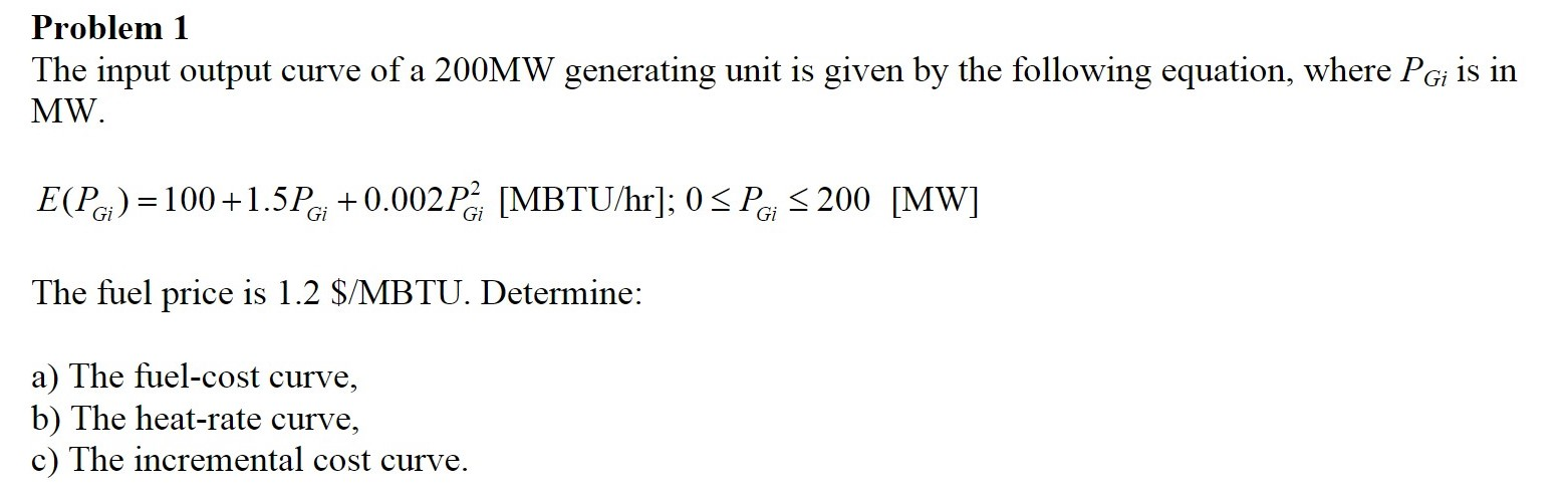 Solved Problem 1 The input output curve of a 200MW | Chegg.com