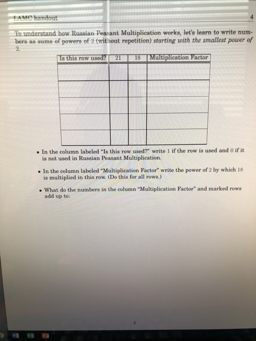Solved LAMC handout io understand how Russian Peasant | Chegg.com