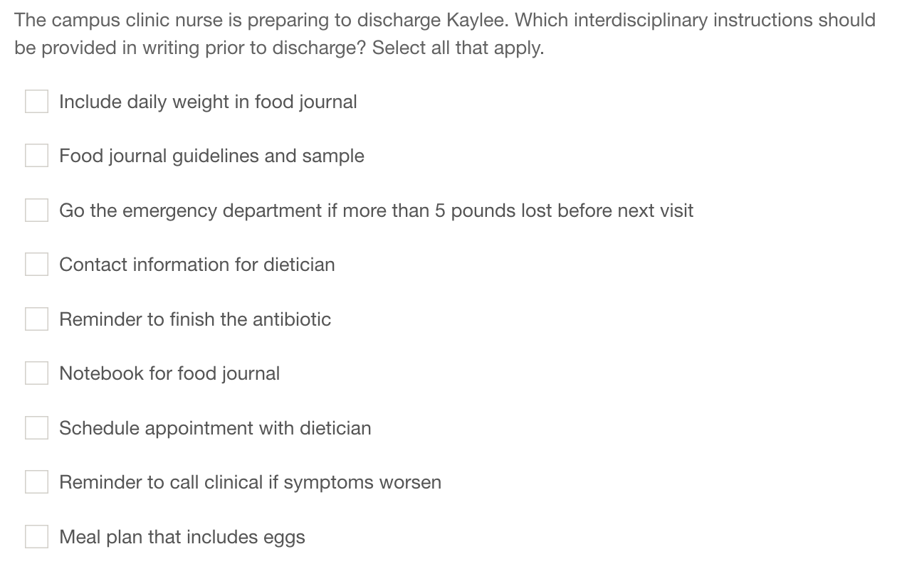 Solved The campus clinic nurse is preparing to discharge | Chegg.com