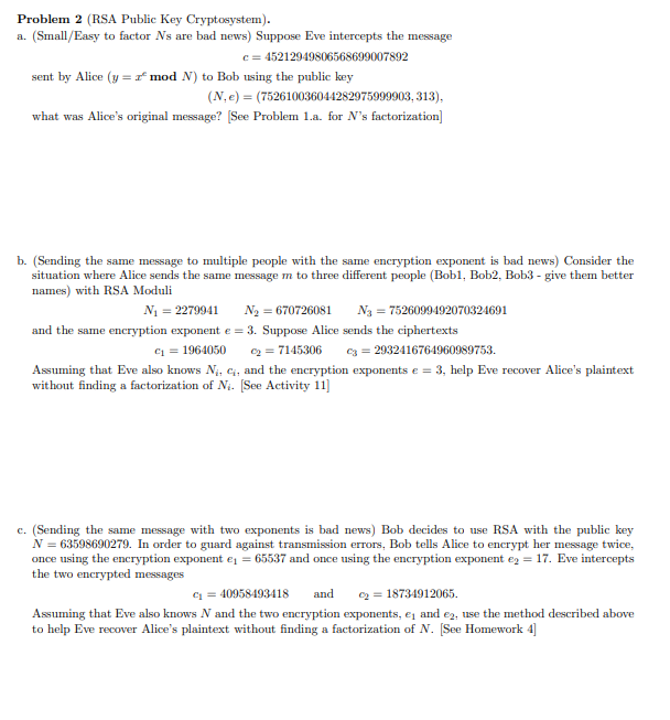Solved Problem 2 (RSA Public Key Cryptosystem). a. | Chegg.com
