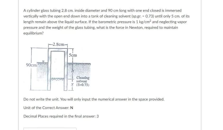 Solved A cylinder glass tubing 2.8 cm. inside diameter and | Chegg.com