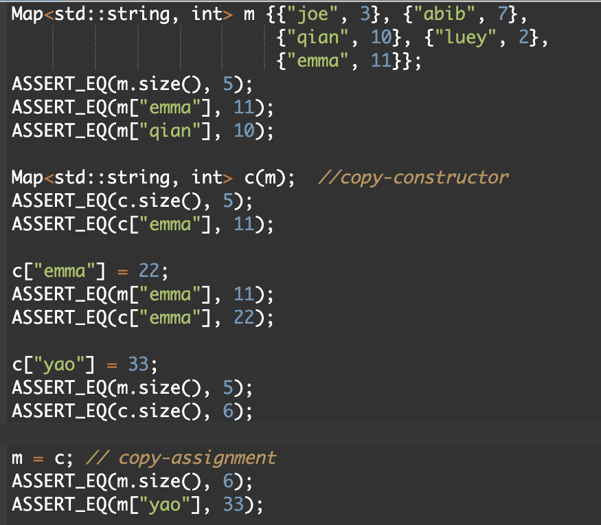 Solved Map m; ASSERT_EQ(m.size(), 0); .insert({1,23}); | Chegg.com