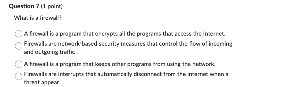 Solved Question 7 ( 1 point) What is a firewall? A firewall | Chegg.com