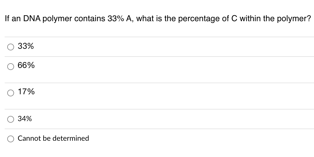 Solved If an DNA polymer contains 33% A, what is the | Chegg.com Solved If an DNA polymer contains 33% A, what is the | Chegg.com