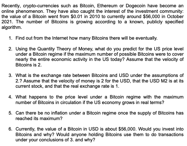 Recently, crypto-currencies such as Bitcoin, Ethereum | Chegg.com