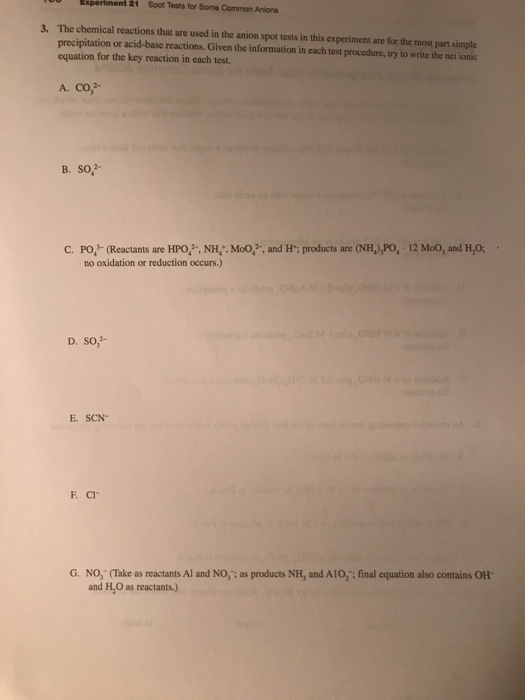 Solved Experiment 21 Spot Tests for Some Common Anions The | Chegg.com