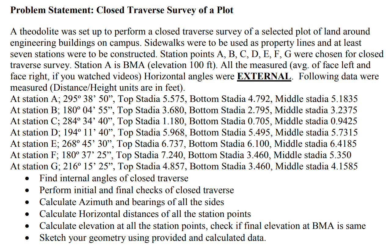 Solved Problem Statement: Closed Traverse Survey of a Plot A | Chegg.com