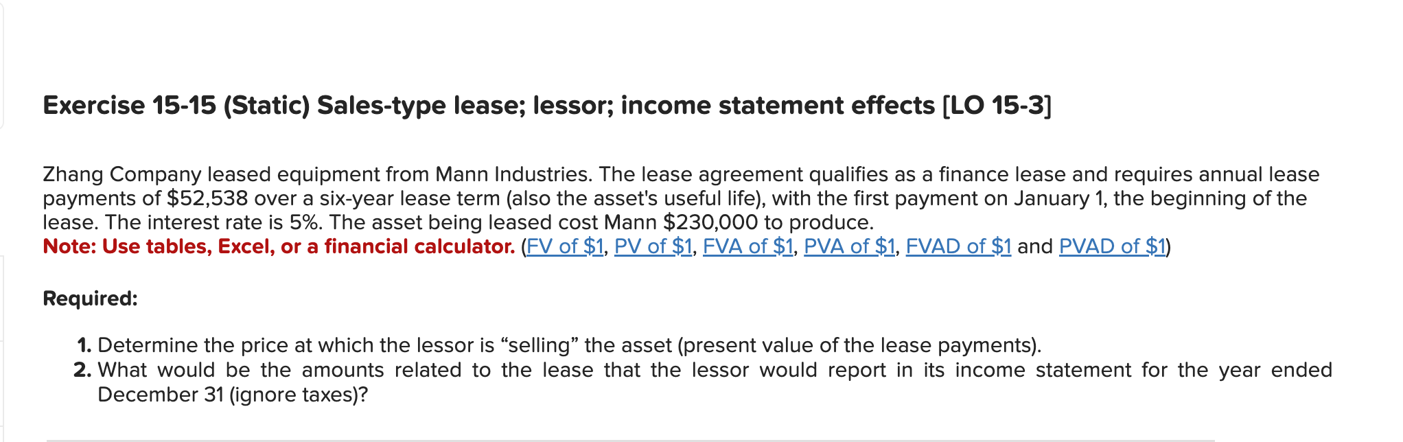 Solved Exercise 15-15 (Static) Sales-type lease; lessor; | Chegg.com