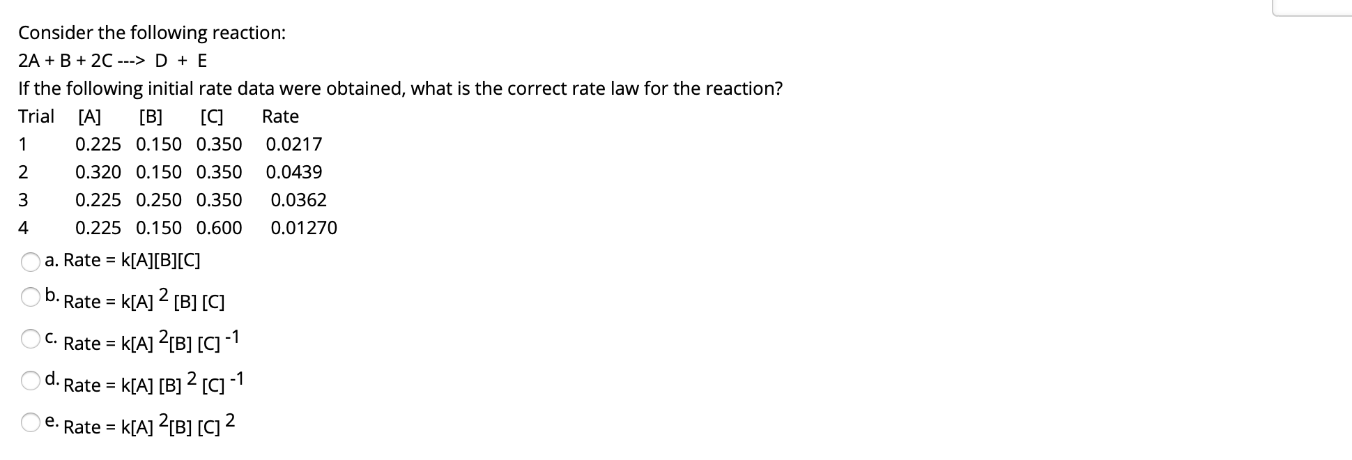 Solved Consider the following reaction: 2A + B + 2C ---> D + | Chegg.com