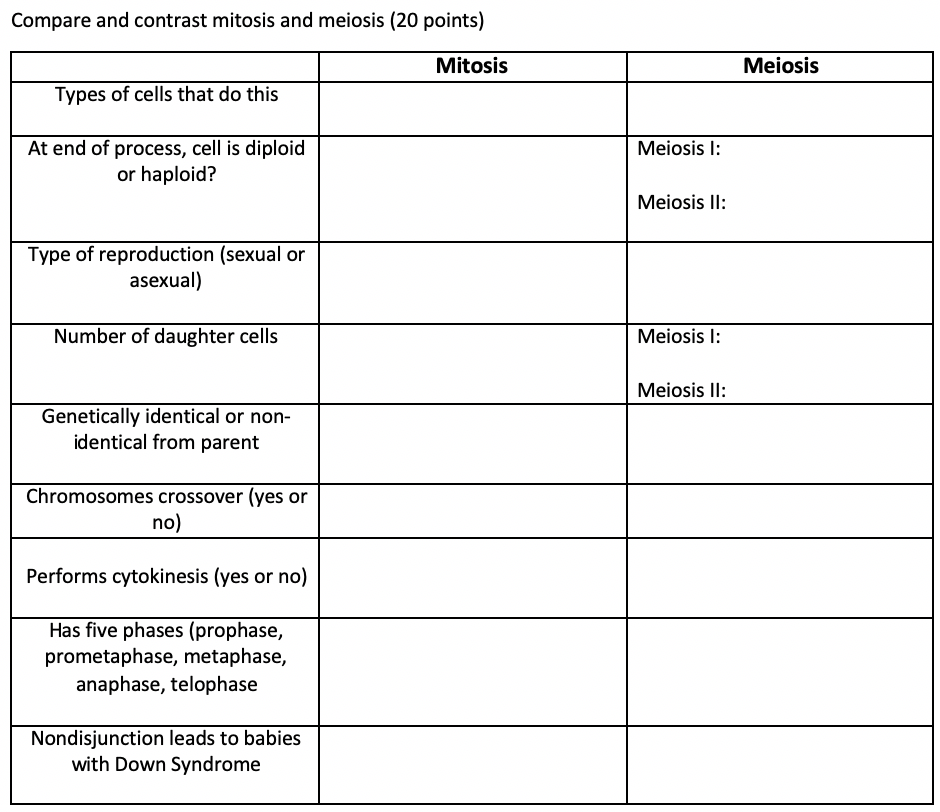 Solved Compare and contrast mitosis and meiosis (20 points) | Chegg.com