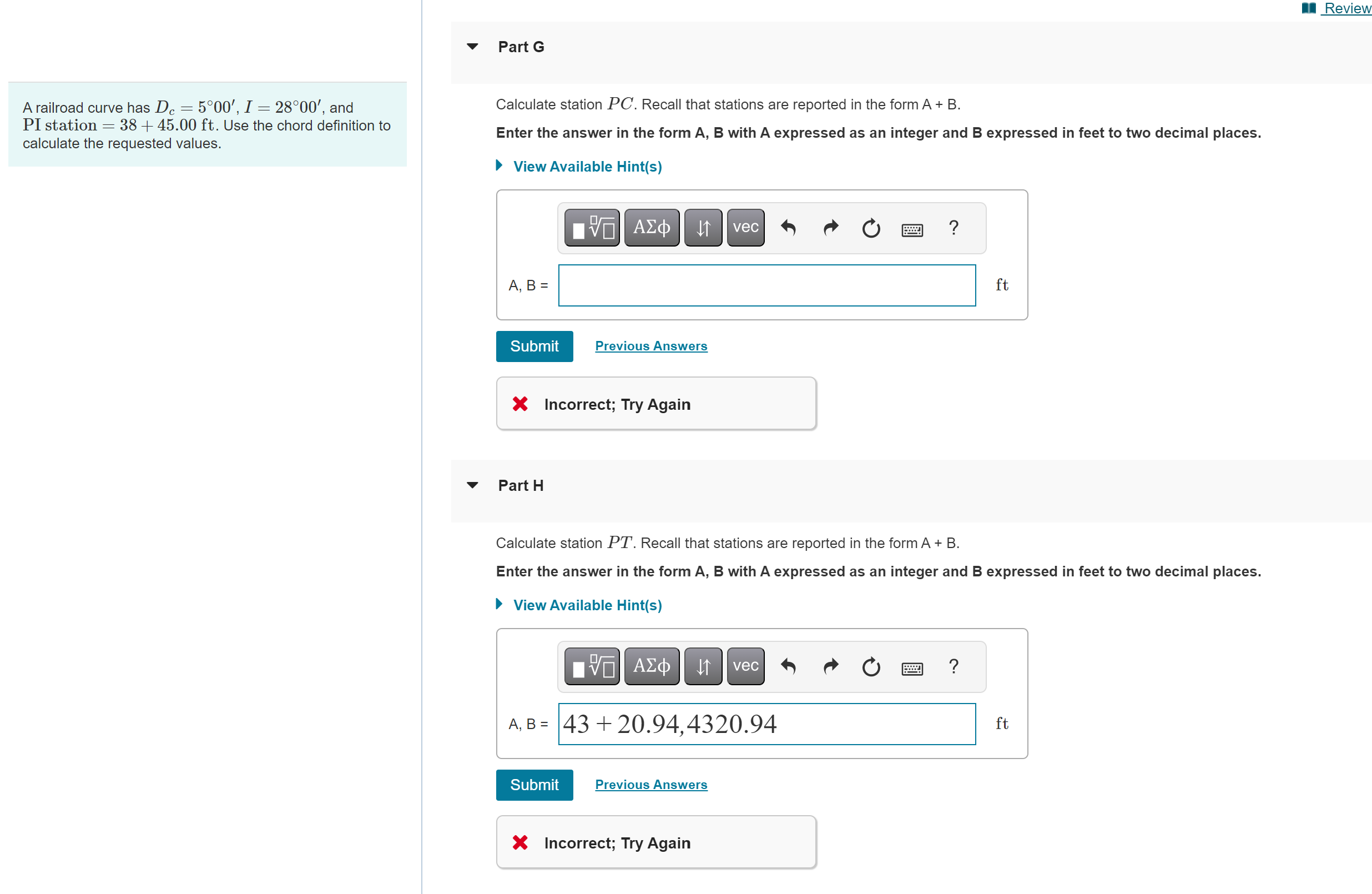 Solved A railroad curve has Dc=5∘00′,I=28∘00′, and Calculate | Chegg.com