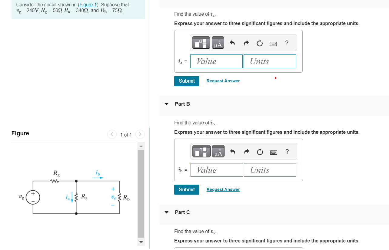 Solved Consider the circuit shown in 1. Suppose that vg=240 | Chegg.com