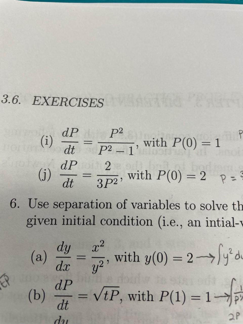Solved (i) dtdP=P2−1P2, with P(0)=1 (j) dtdP=3P22, with | Chegg.com