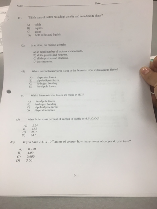 Solved Date: Name 41) Which state of matter has a high | Chegg.com