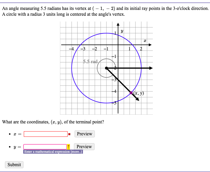 Solved An angle measuring 5.5 radians has its vertex at | Chegg.com
