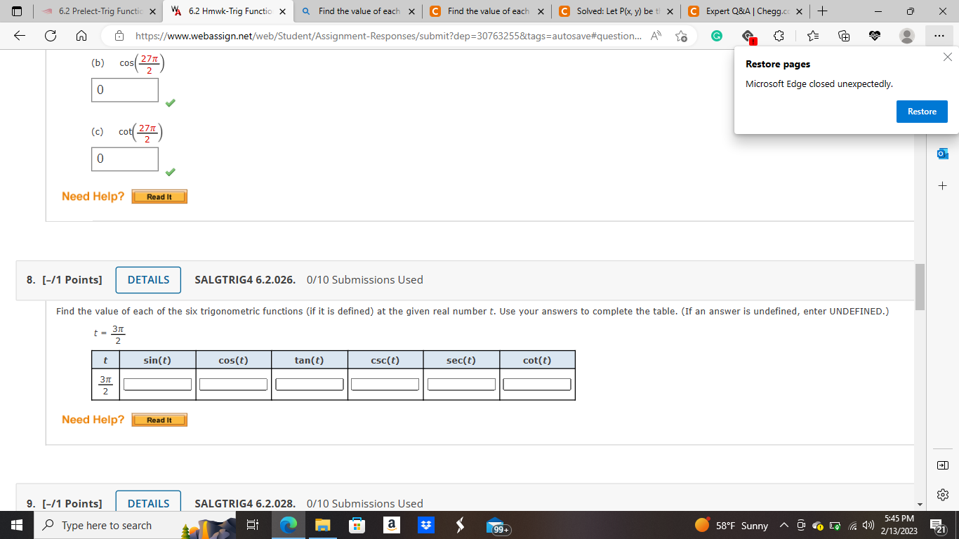 Solved (b) cos(227π) Restore pages Microsoft Edge closed | Chegg.com