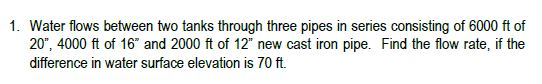 Solved 1. Water flows between two tanks through three pipes | Chegg.com