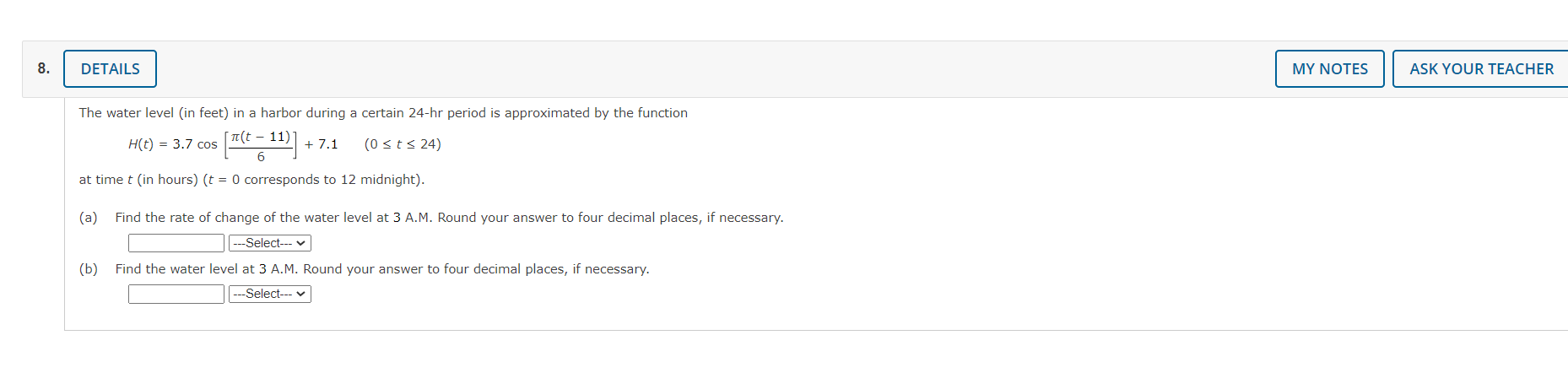 Solved 8. DETAILS MY NOTES ASK YOUR TEACHER The water level | Chegg.com